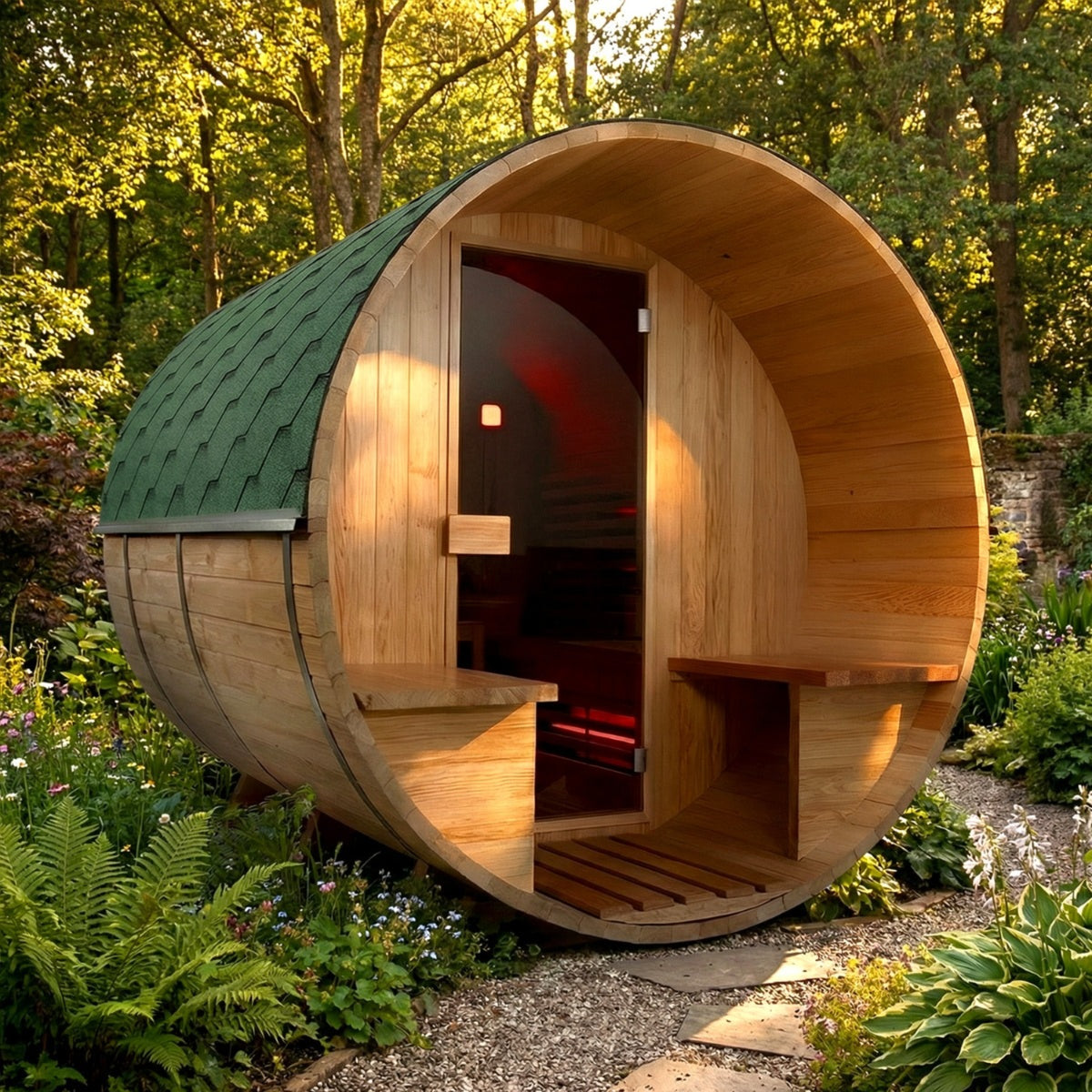 Insignia 2–3 Person Outdoor Hybrid Barrel Sauna With Porch | Infrared ...